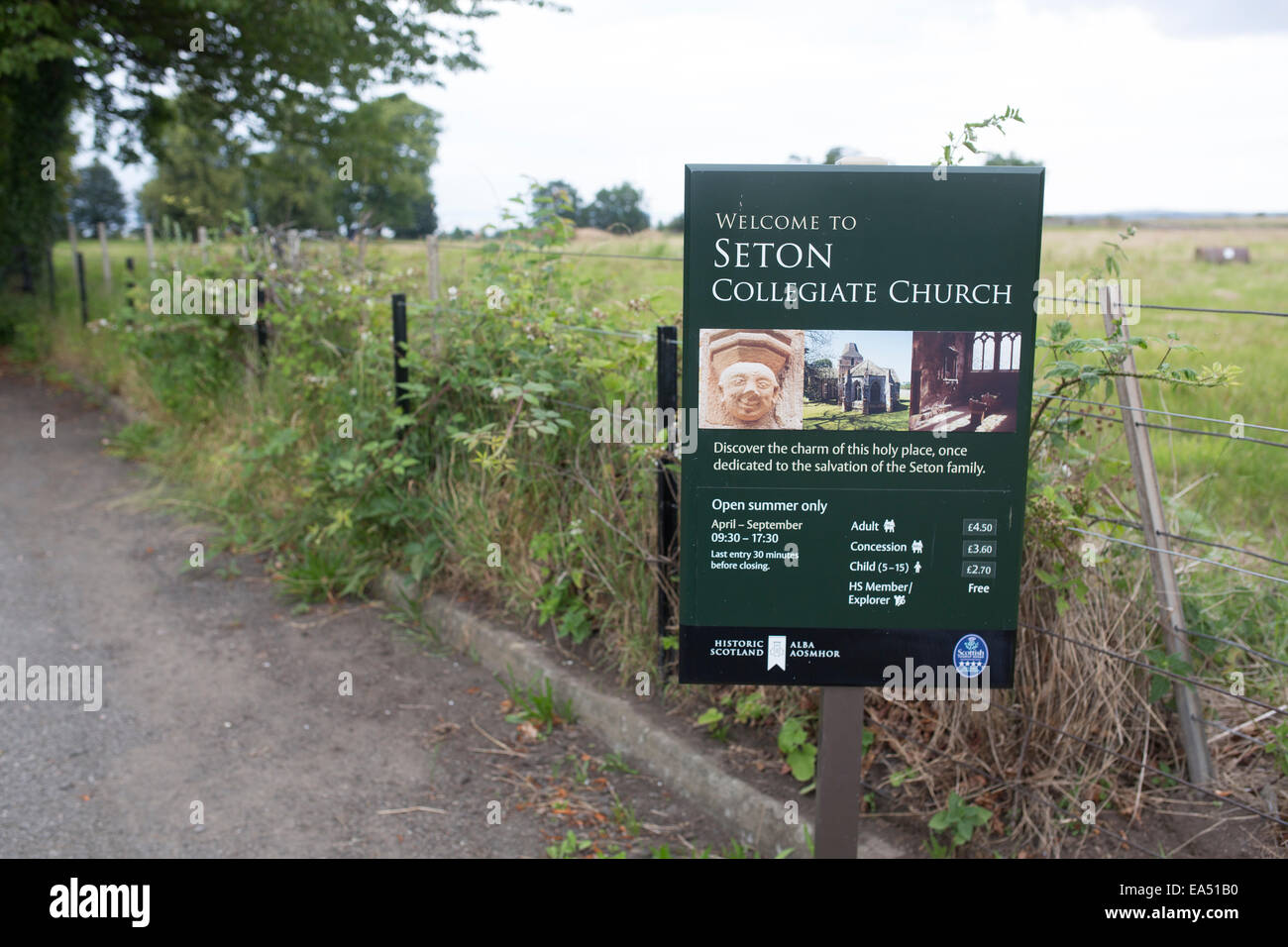 Sign for Seton Collegiate Church, East Lothian, Scotland Stock Photo ...