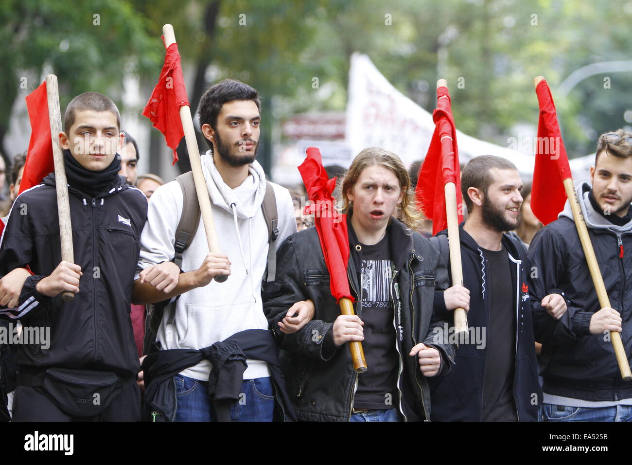Greek University students protest by forming a human chain and march ...