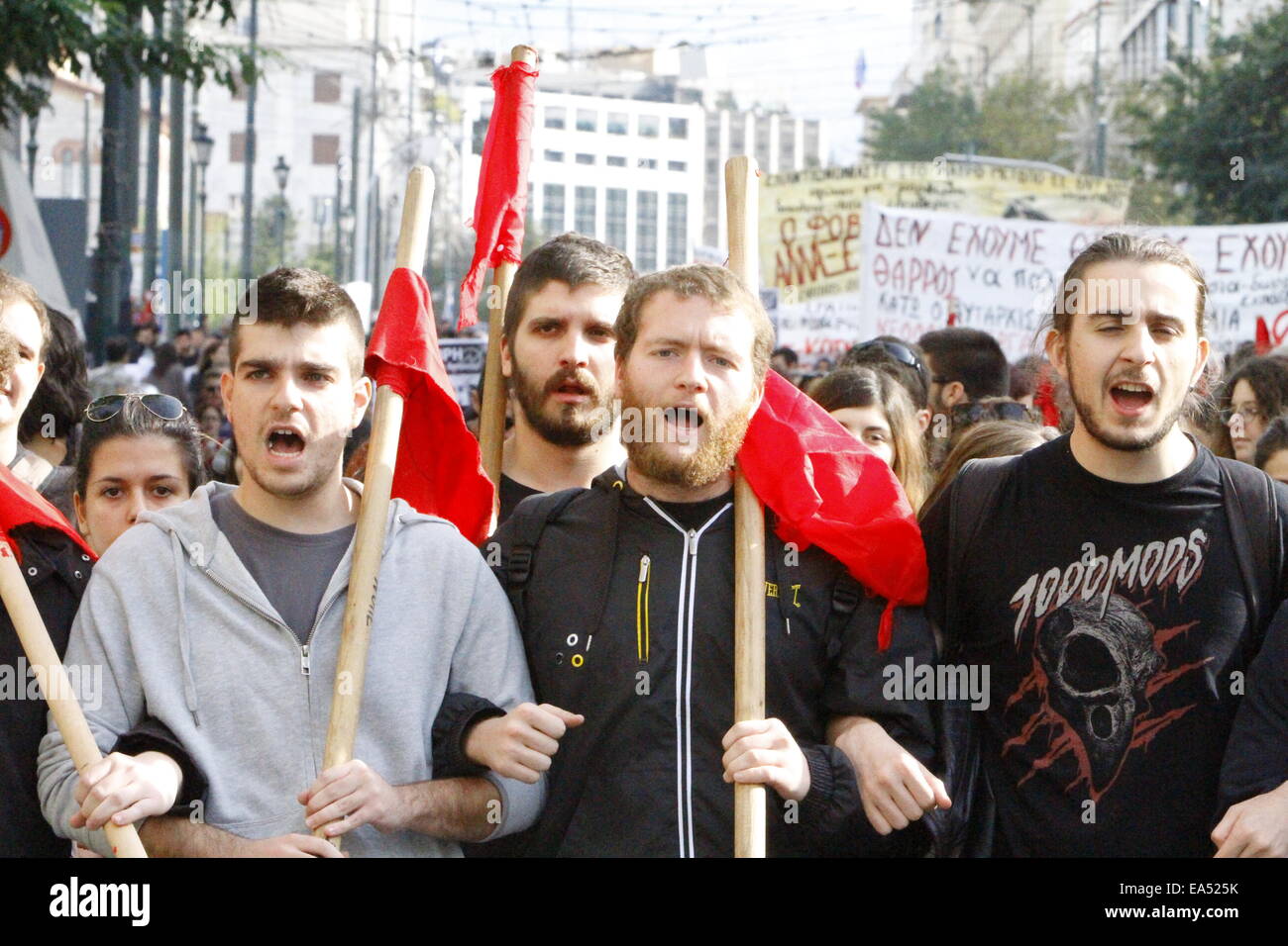 Greek University students protest by forming a human chain and march ...