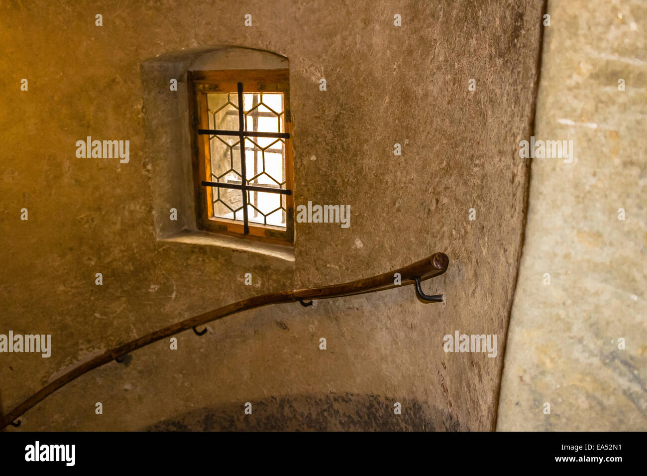 Medieval window with wooden frame and iron grating in Prague. Ancient ...