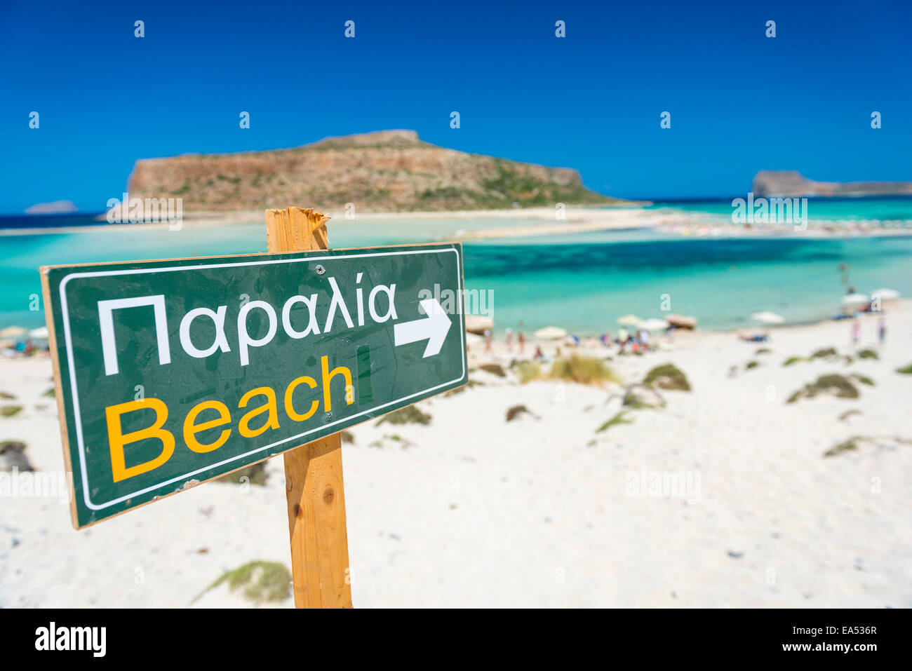 Beach Sign With Sea Water And Blue Sky In The Background Stock Photo ...
