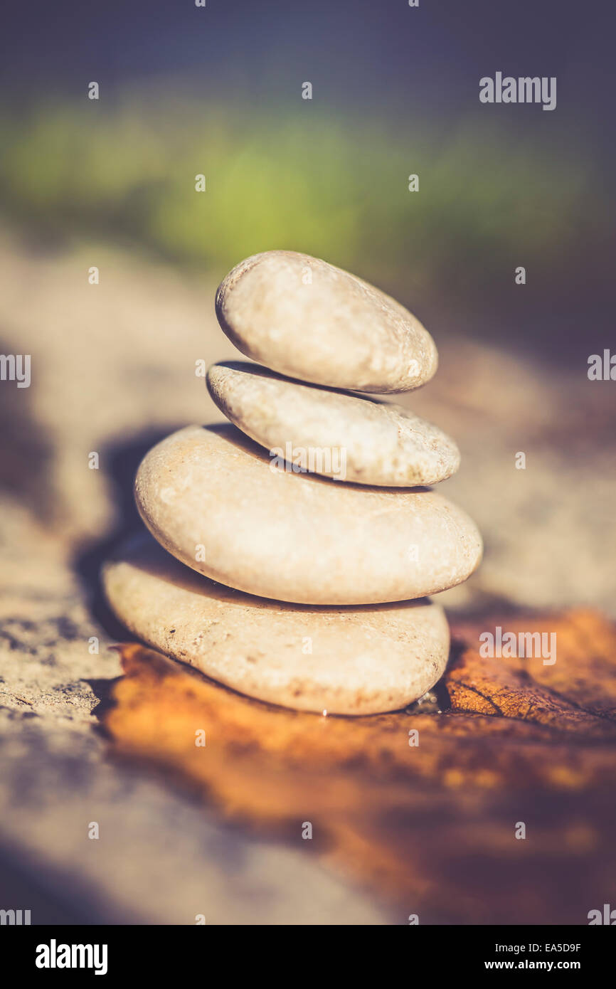 Stack of four pebbles and an autumn leaf at sunlight Stock Photo - Alamy