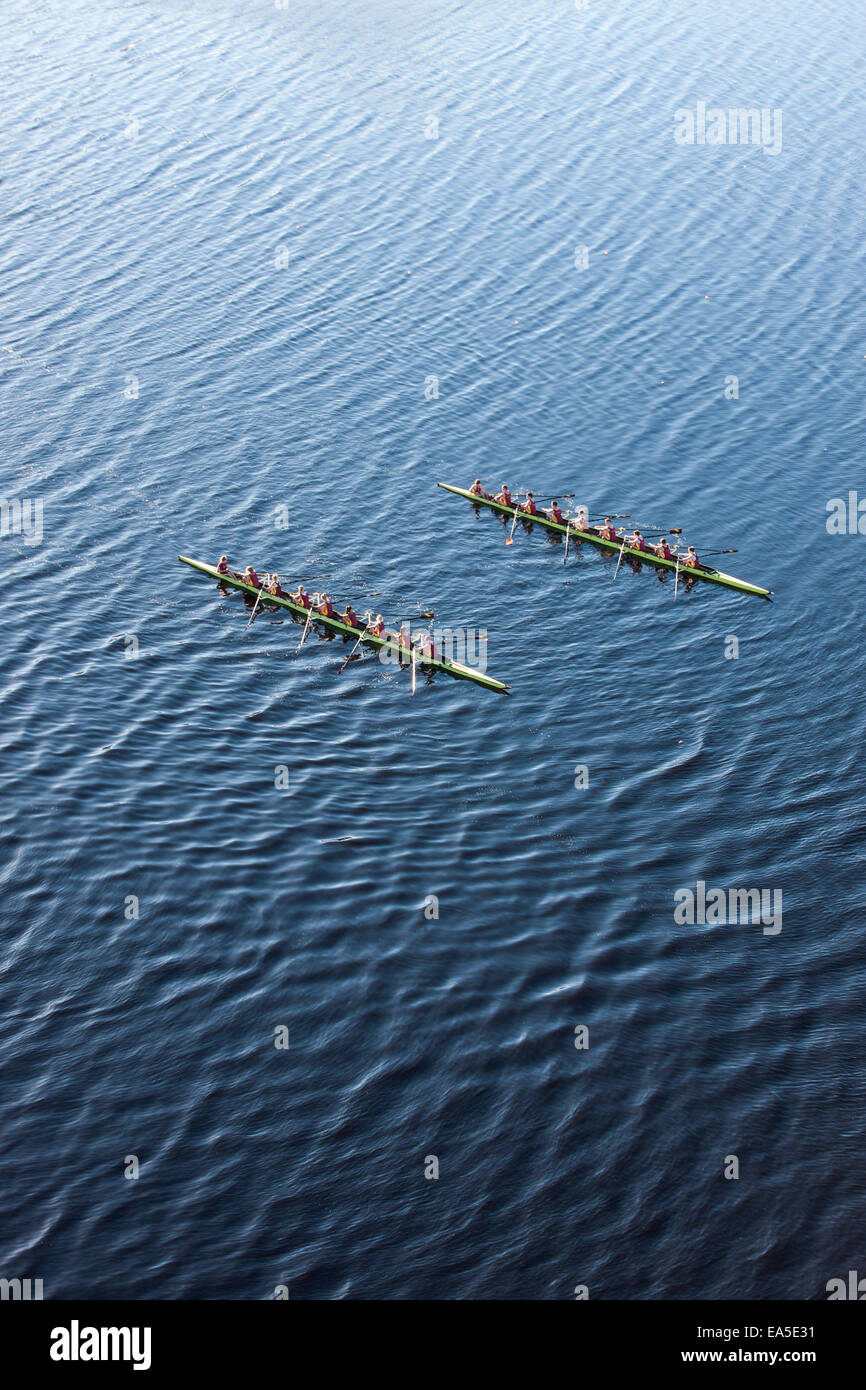 Elevated view of two rowing eights in water Stock Photo - Alamy