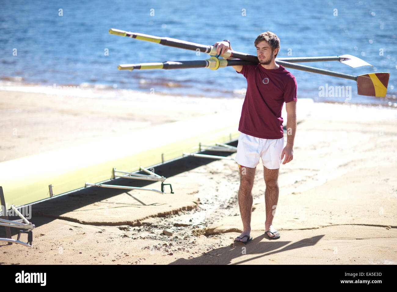 Rower holding oar at lakeshore Stock Photo - Alamy