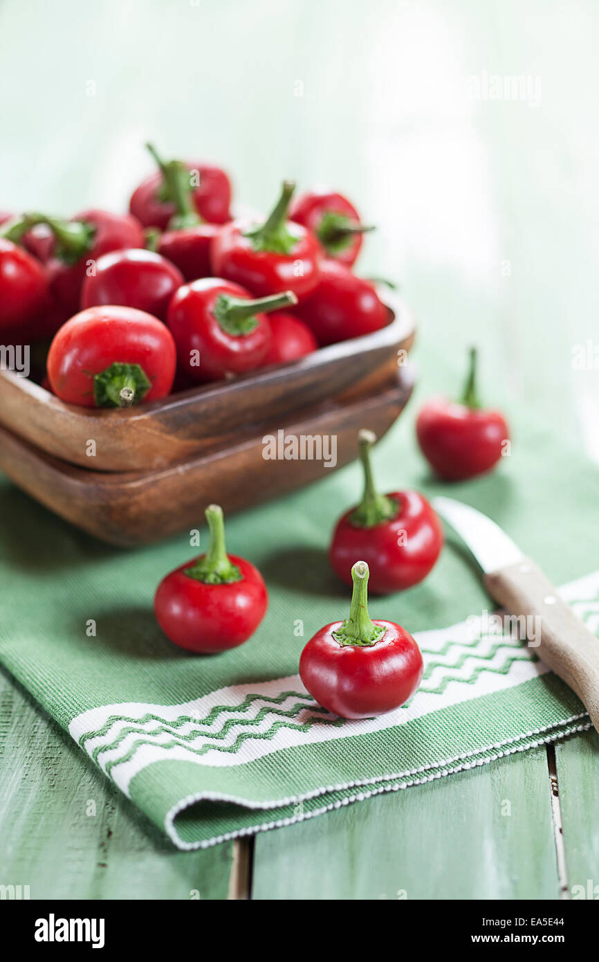 Bowl of Cascabel chili, Capsicum annuum var. cerasiforme, on cloth and ...