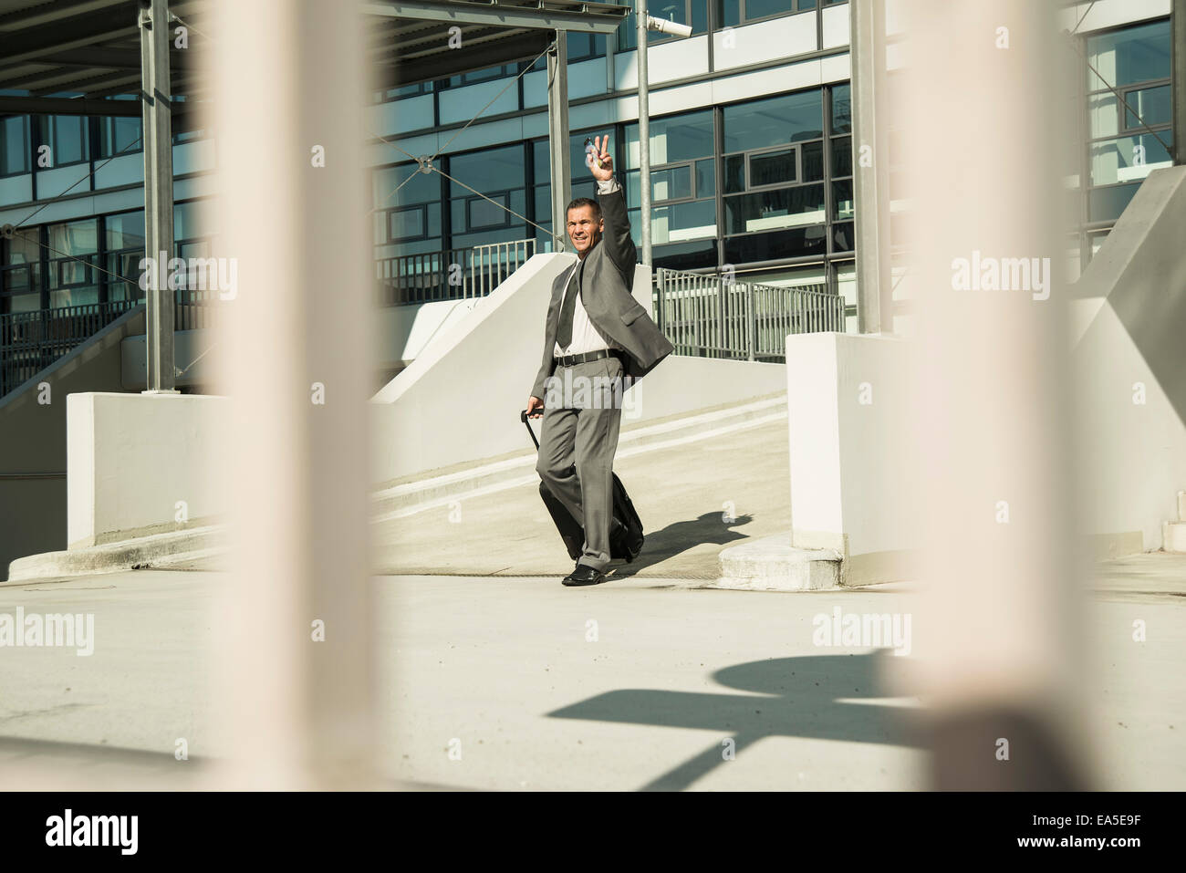 Businessman with suitcase outside office building hailing a taxi Stock ...