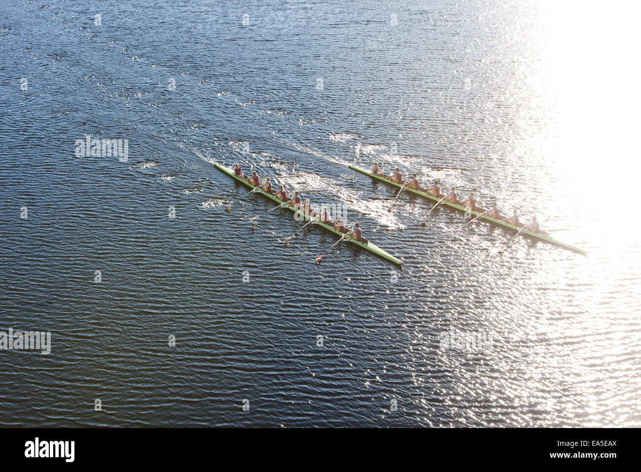 Elevated view of two rowing eights in water Stock Photo - Alamy