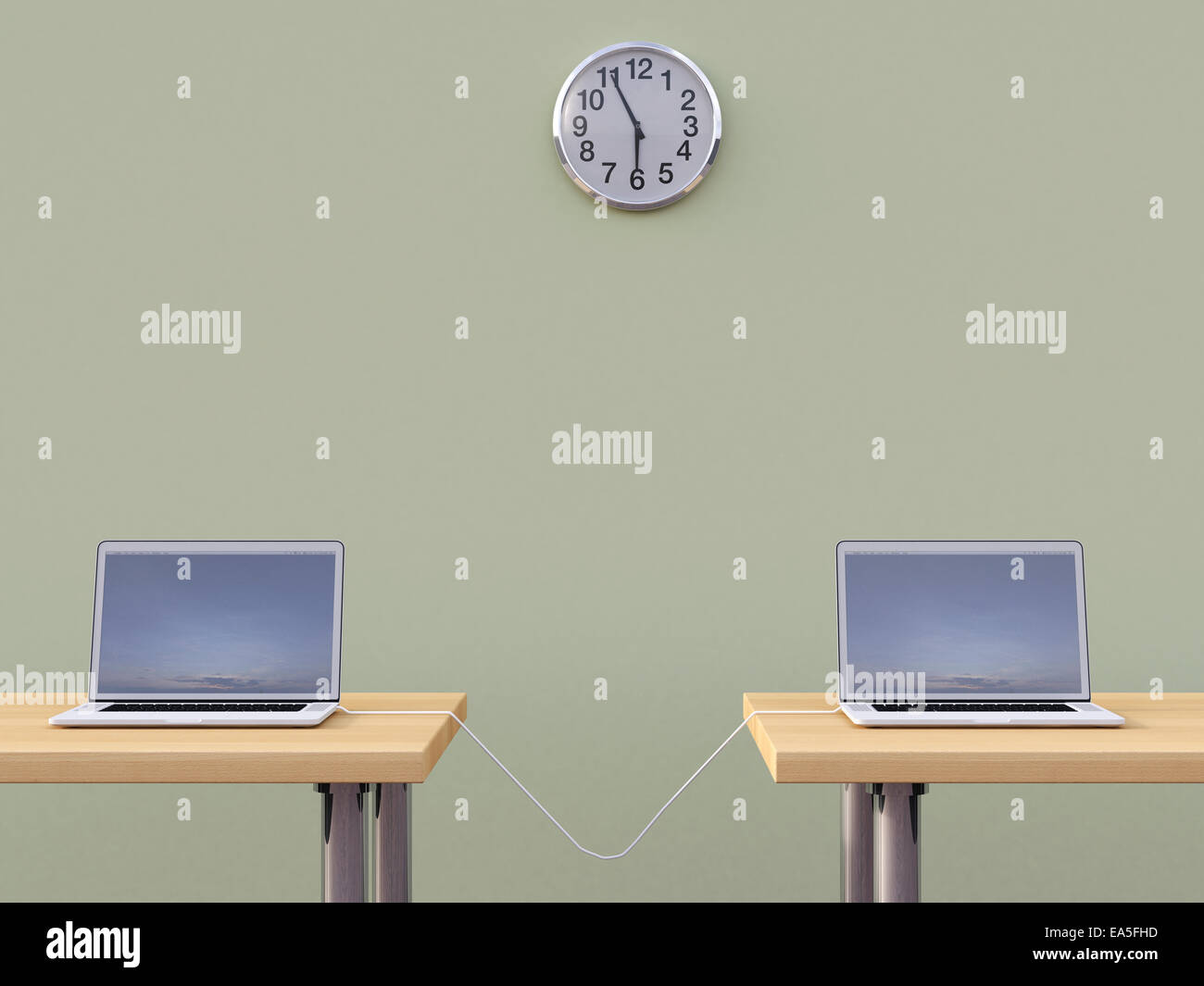 3D rendering, Connected laptops under wall clock Stock Photo - Alamy