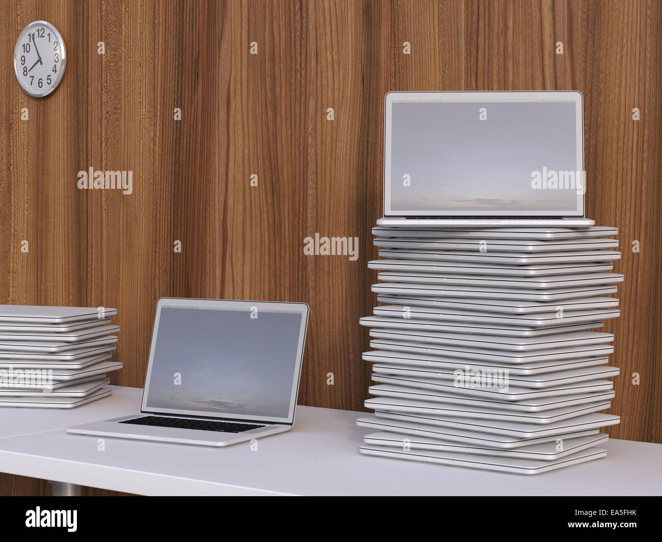 Stacks of laptops on a table in front of wooden wall, 3D Rendering ...