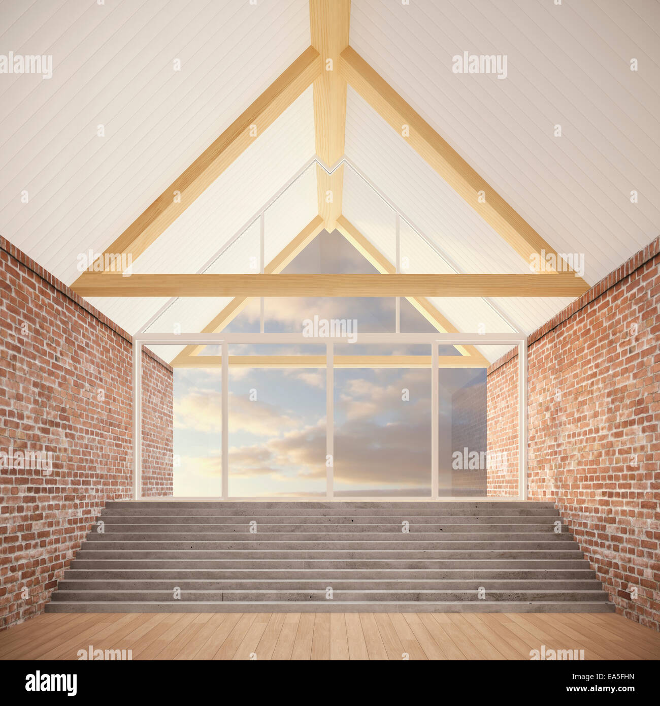 Empty room with roof beams, stair and brick walls, 3D Rendering Stock ...