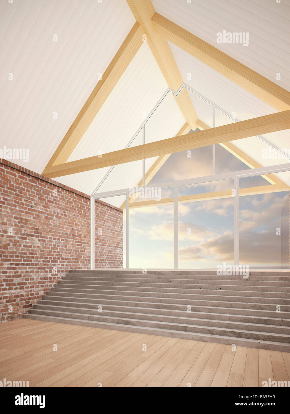 Empty room with roof beams, stair and brick walls, 3D Rendering Stock ...
