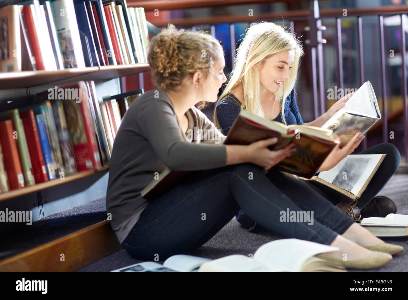 Two female students learning in a library Stock Photo - Alamy