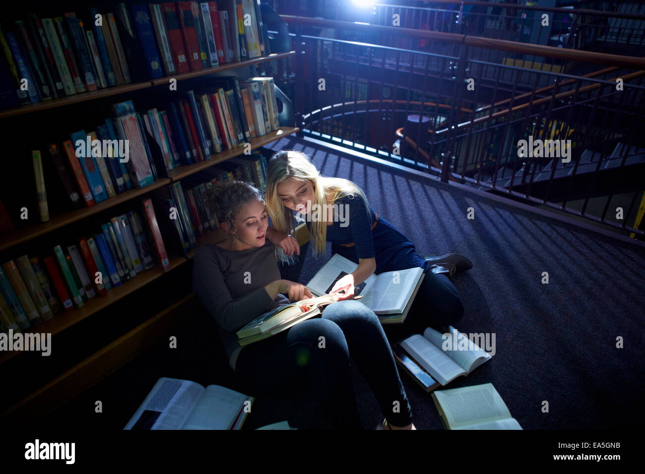 Two female students learning in a library Stock Photo - Alamy