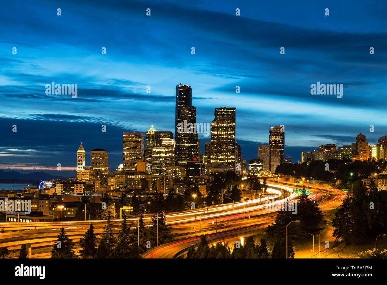 USA, Washington State, Seattle, Dr. Jose Rizal Park, Interstate 5 and ...