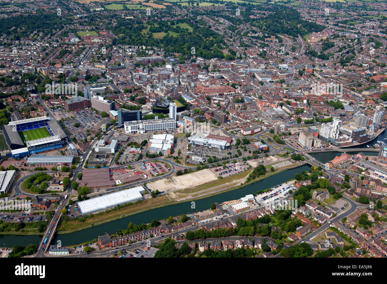An aerial view of Ipswich Suffolk with the town centre, Football ...