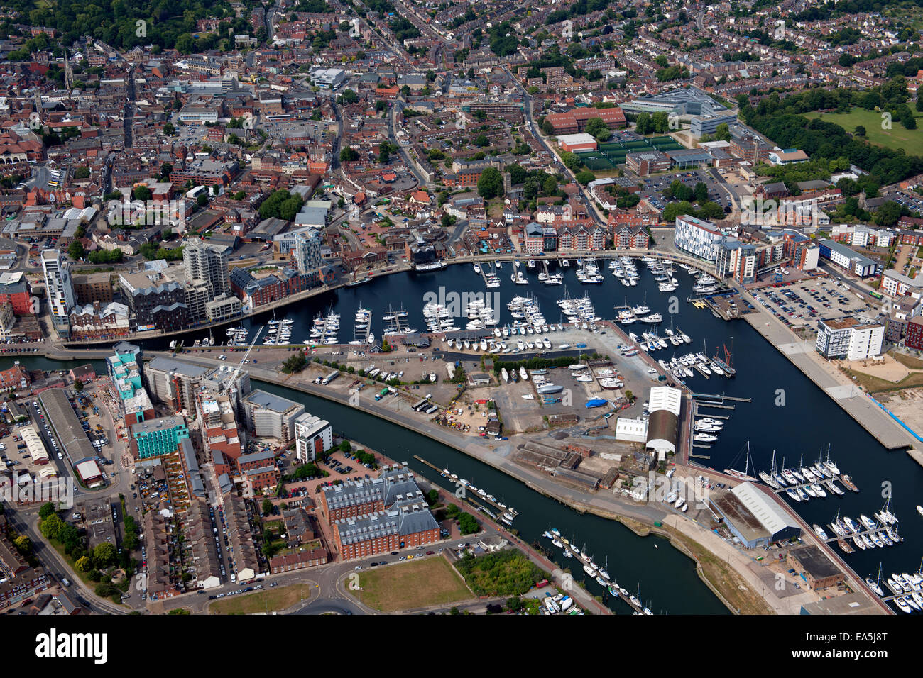 An aerial view of Ipswich Suffolk with the town centre, Football ...