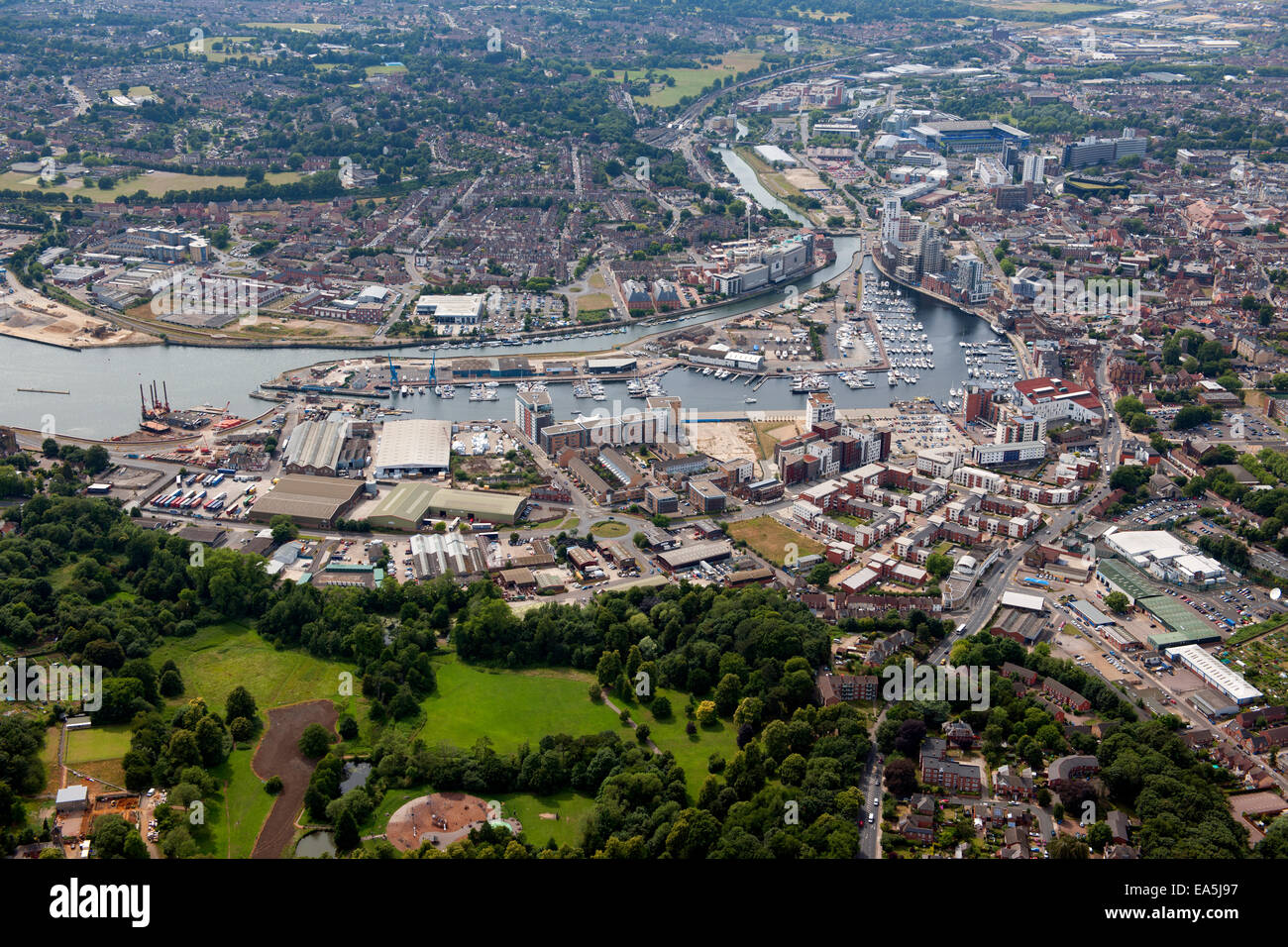 An aerial view of Ipswich Suffolk with the town centre, Football ...