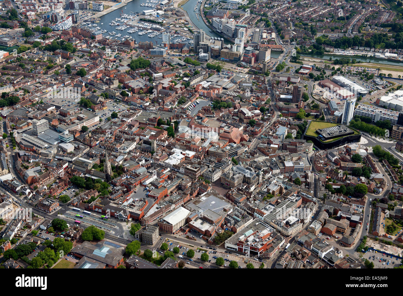 An aerial view of Ipswich Suffolk with the town centre, Football ...