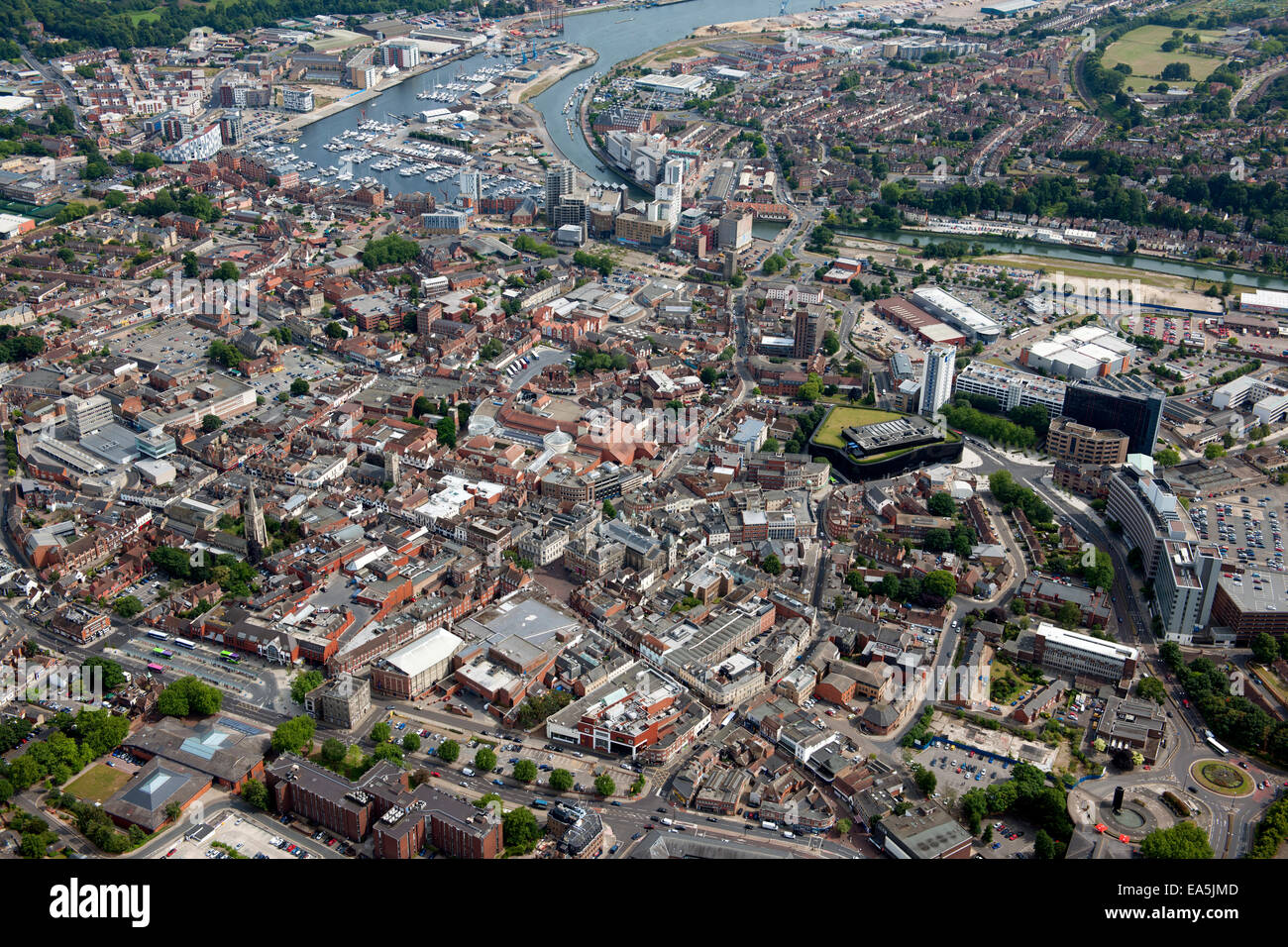An aerial view of Ipswich Suffolk with the town centre, Football ...