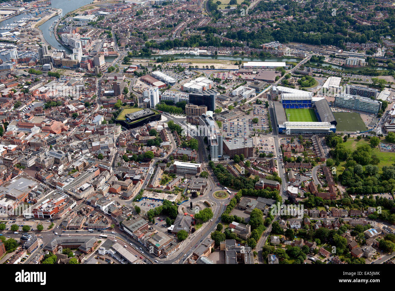 An aerial view of Ipswich Suffolk with the town centre, Football ...