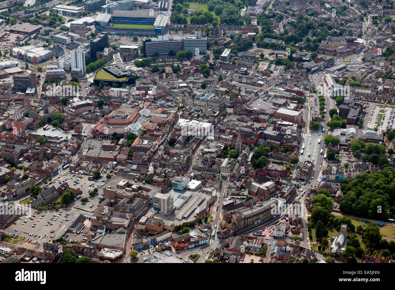 An aerial view of Ipswich Suffolk with the town centre, Football ...