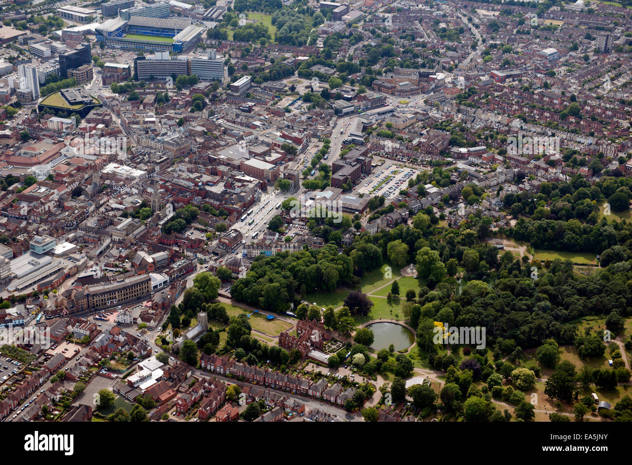 An aerial view of Ipswich Suffolk with the town centre, Football ...