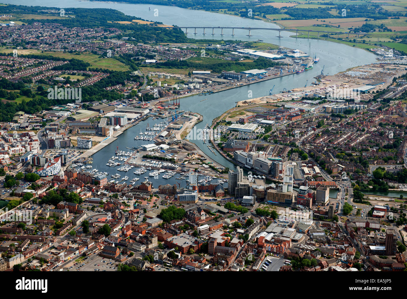 An aerial view of Ipswich Suffolk with the town centre, Football ...