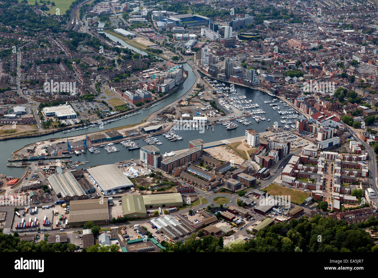 An aerial view of Ipswich Suffolk with the town centre, Football ...