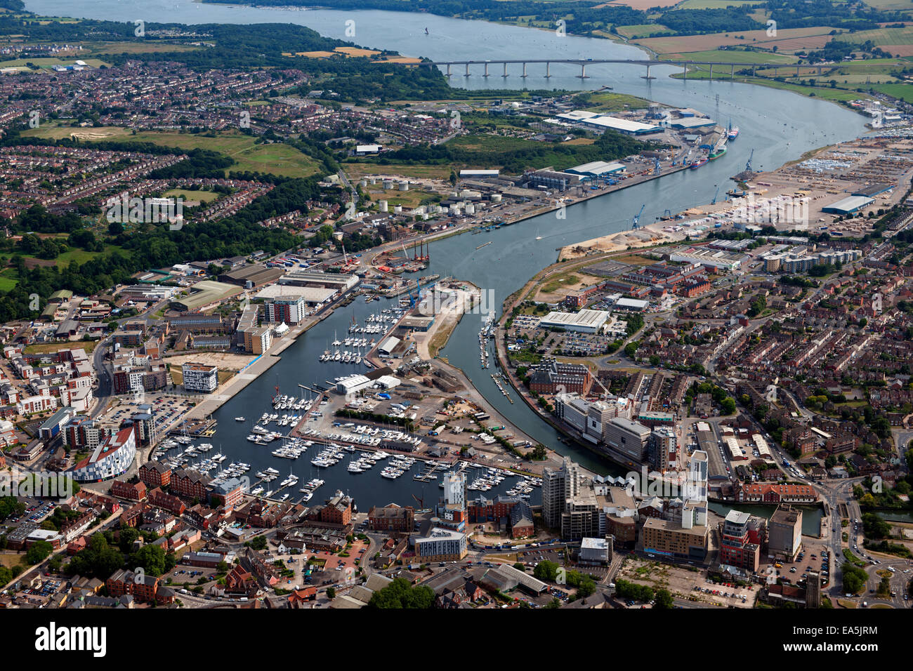 An aerial view of Ipswich Suffolk with the town centre, Football ...