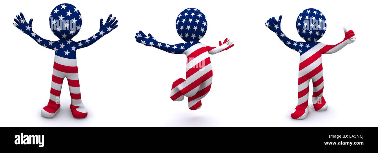 3d character textured with flag of USA isolated on white background ...