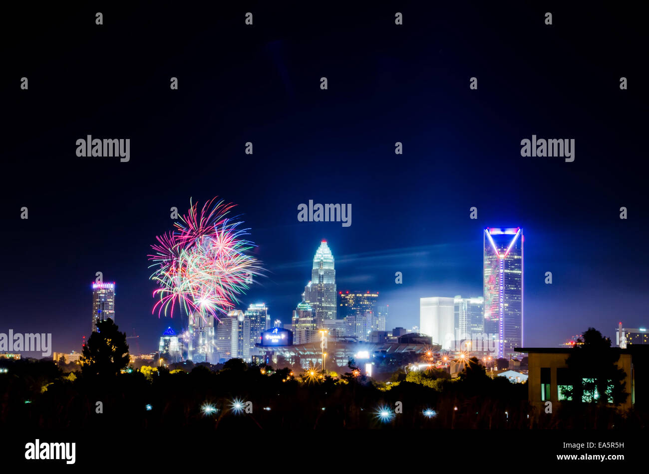 4th of july firework over charlotte skyline Stock Photo - Alamy