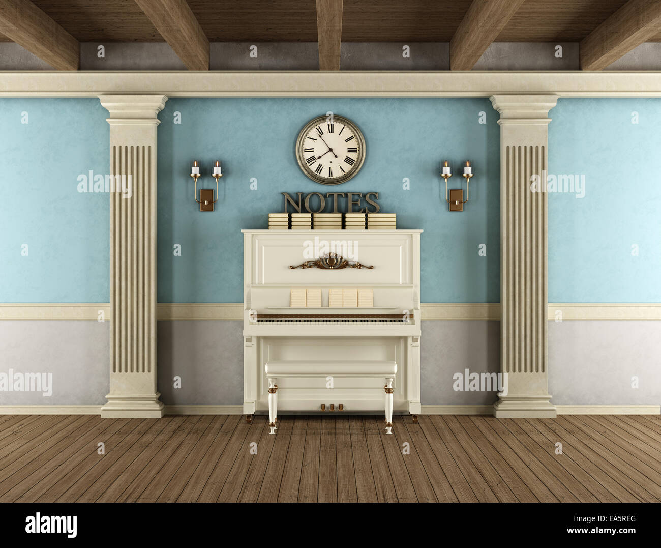 Vintage interior with upright piano, stone pilaster and wooden ceiling ...