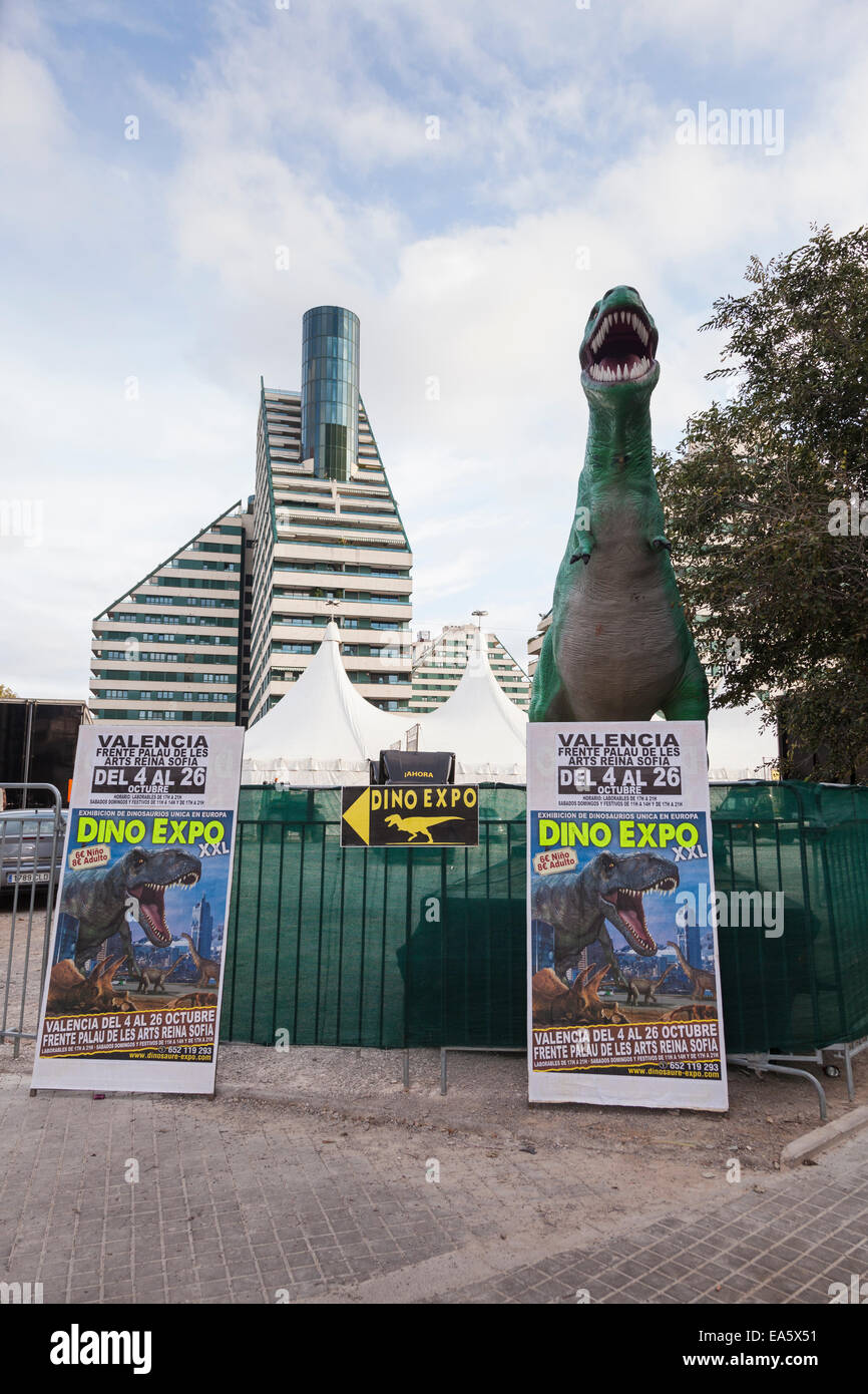 Giant dinosaur model advertising an exhibition in Valencia, Spain Stock ...