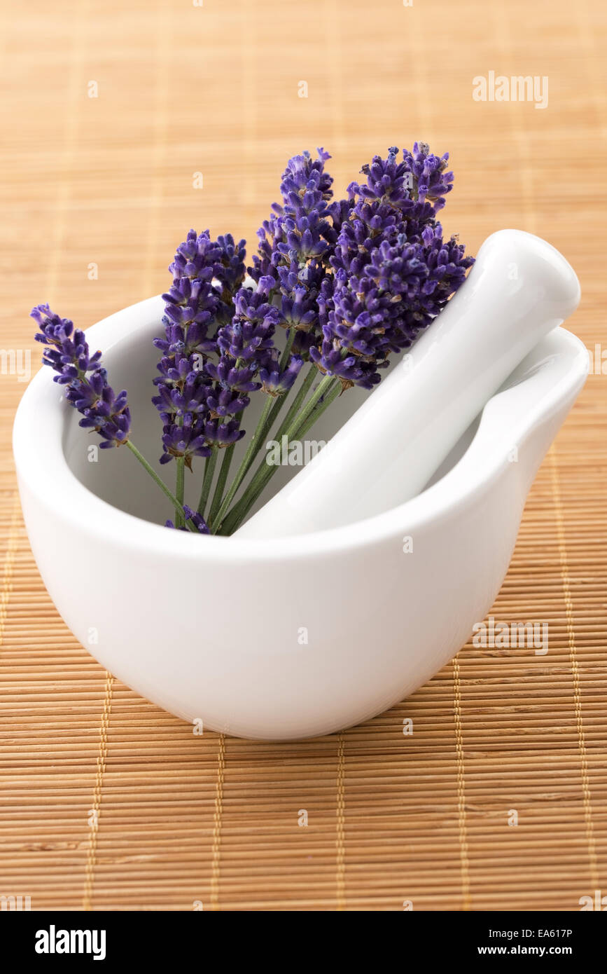Lavender flowers in a mortar Stock Photo - Alamy