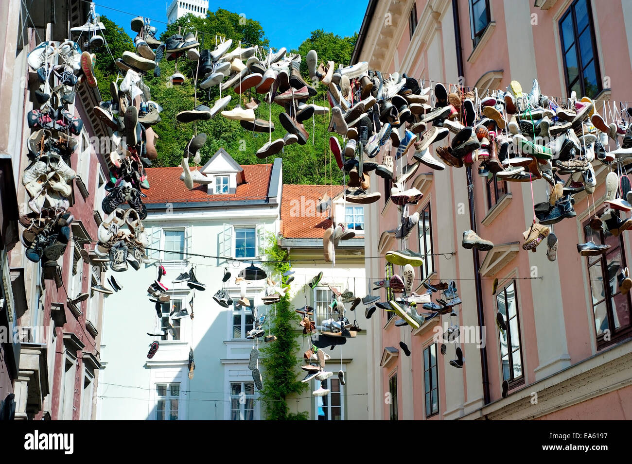 Hanging shoes, Ljubljana Stock Photo - Alamy