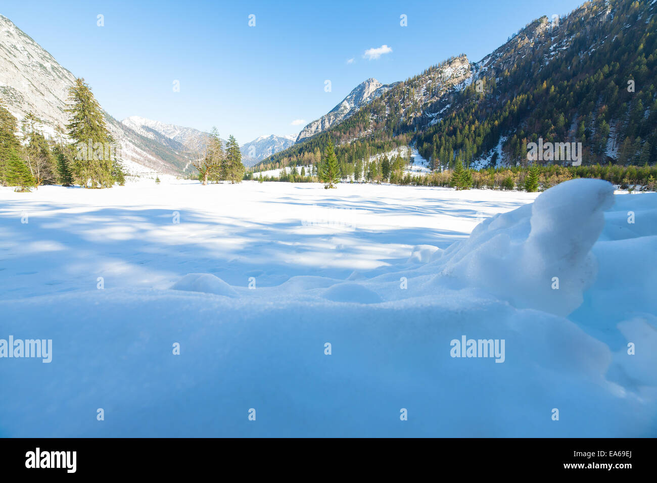 Snow fall early winter and late autumn. Alps landscape with snow capped ...