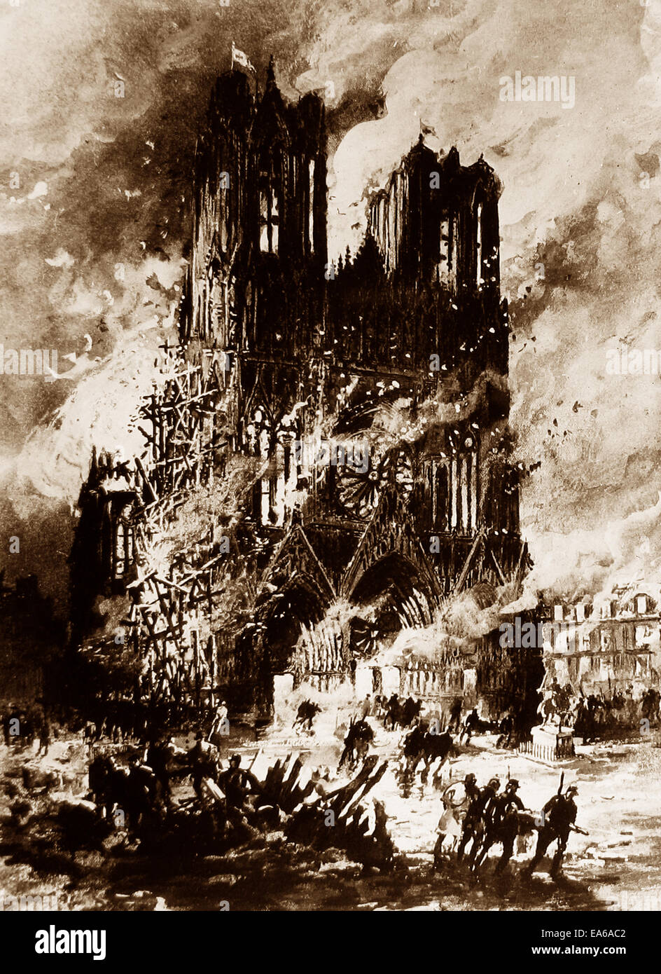 Rheims Cathedral on fire during WW1 Stock Photo - Alamy