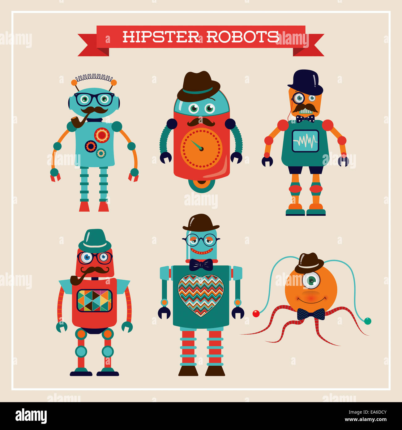 Set of cute retro vintage hipster robots Stock Photo - Alamy