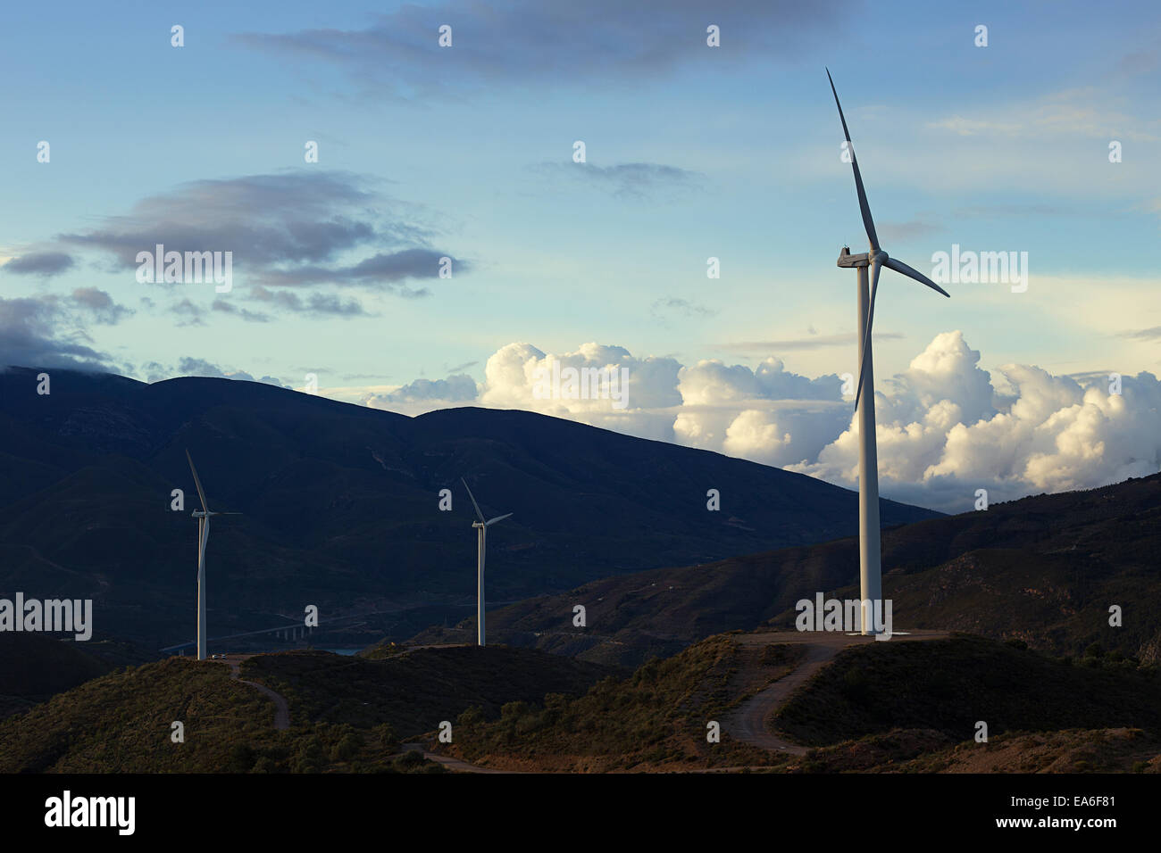 Three wind turbines in rural landscape, Spain Stock Photo - Alamy