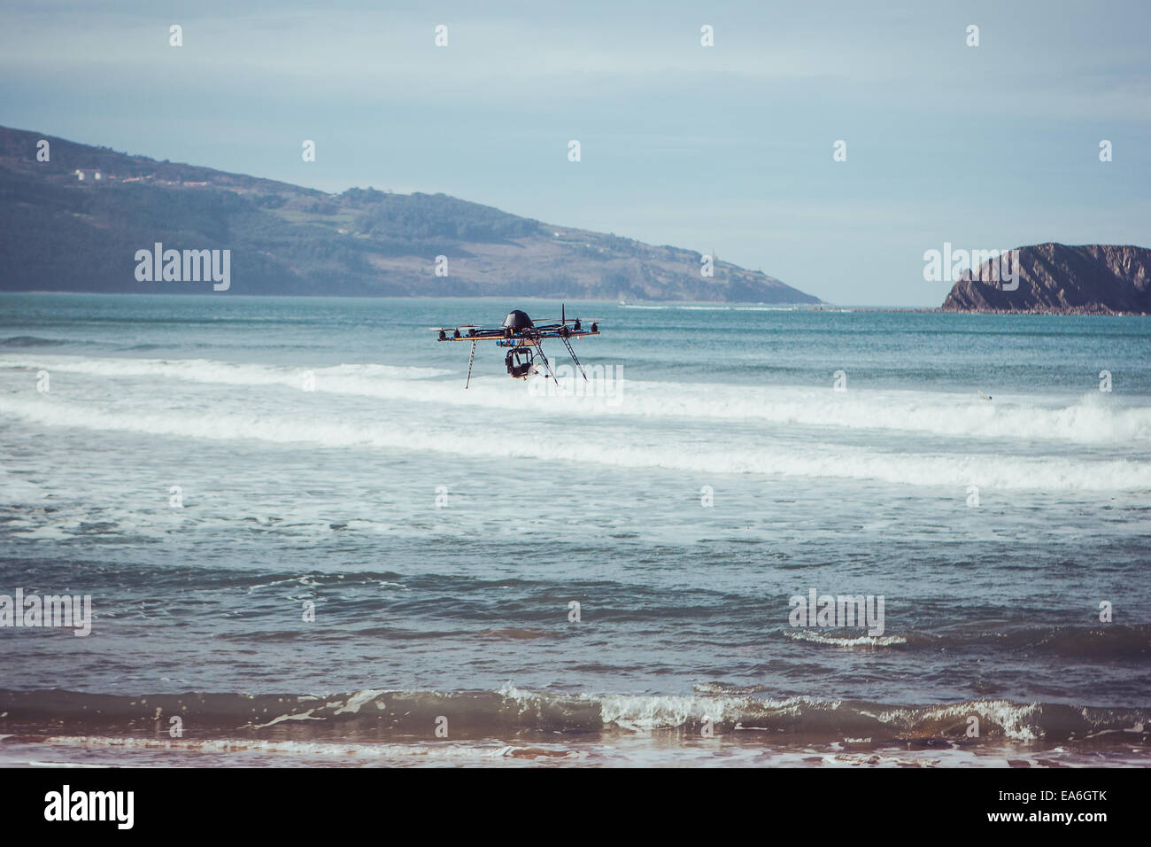 Drone flying over sea, Bermeo, Spain Stock Photo - Alamy