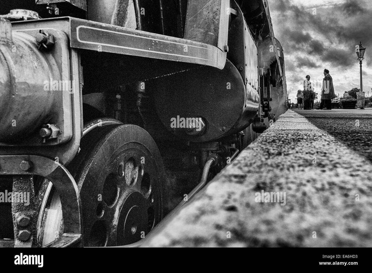 Platform level view of the front of a Bulleid Light Pacific steam loco ...
