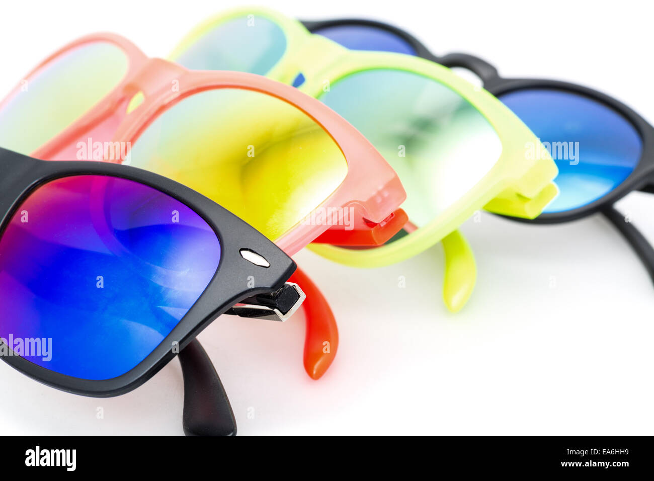 Few Very Bright Sunglasses Eyewear, closeup on white background Stock ...