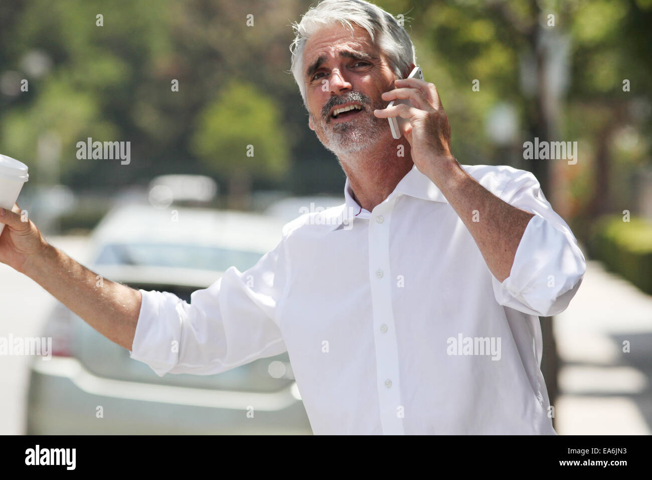 Businessman trying to hail cab while talking on phone Stock Photo - Alamy