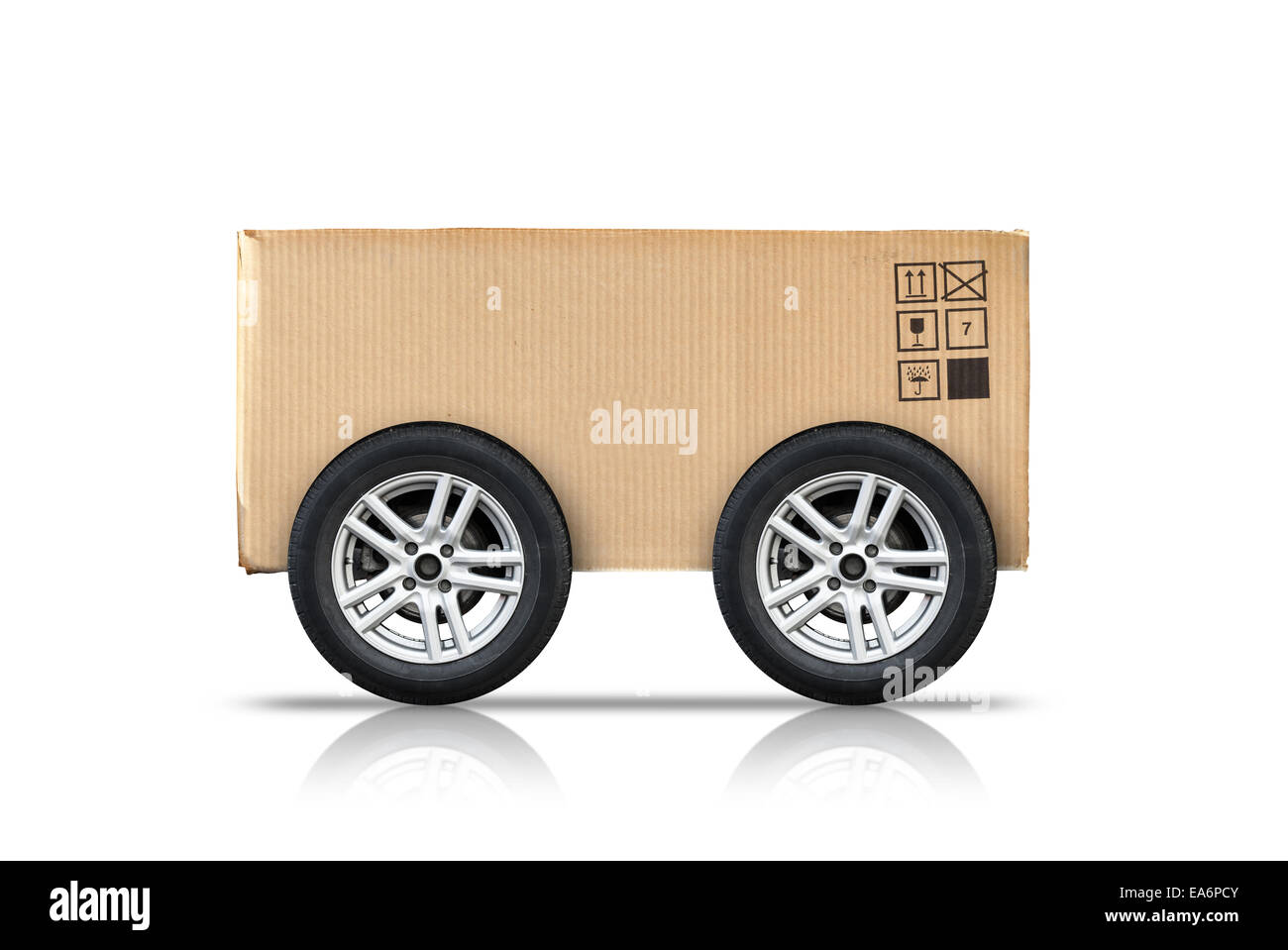 Cardboard box with standard signs and automotive wheels isolated on ...
