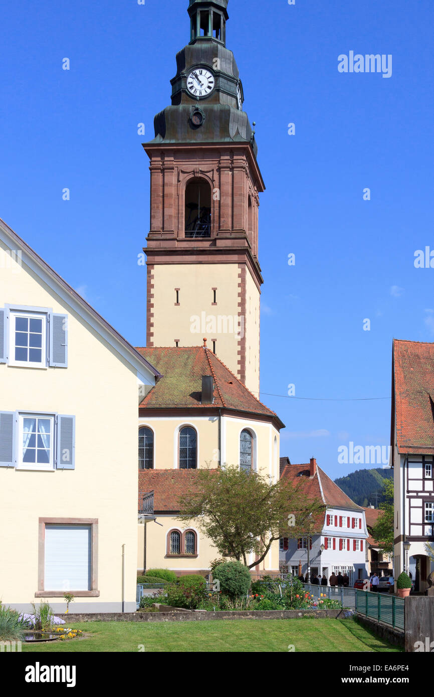 Typical German church tower in the picturesque rural town of Haslach in ...