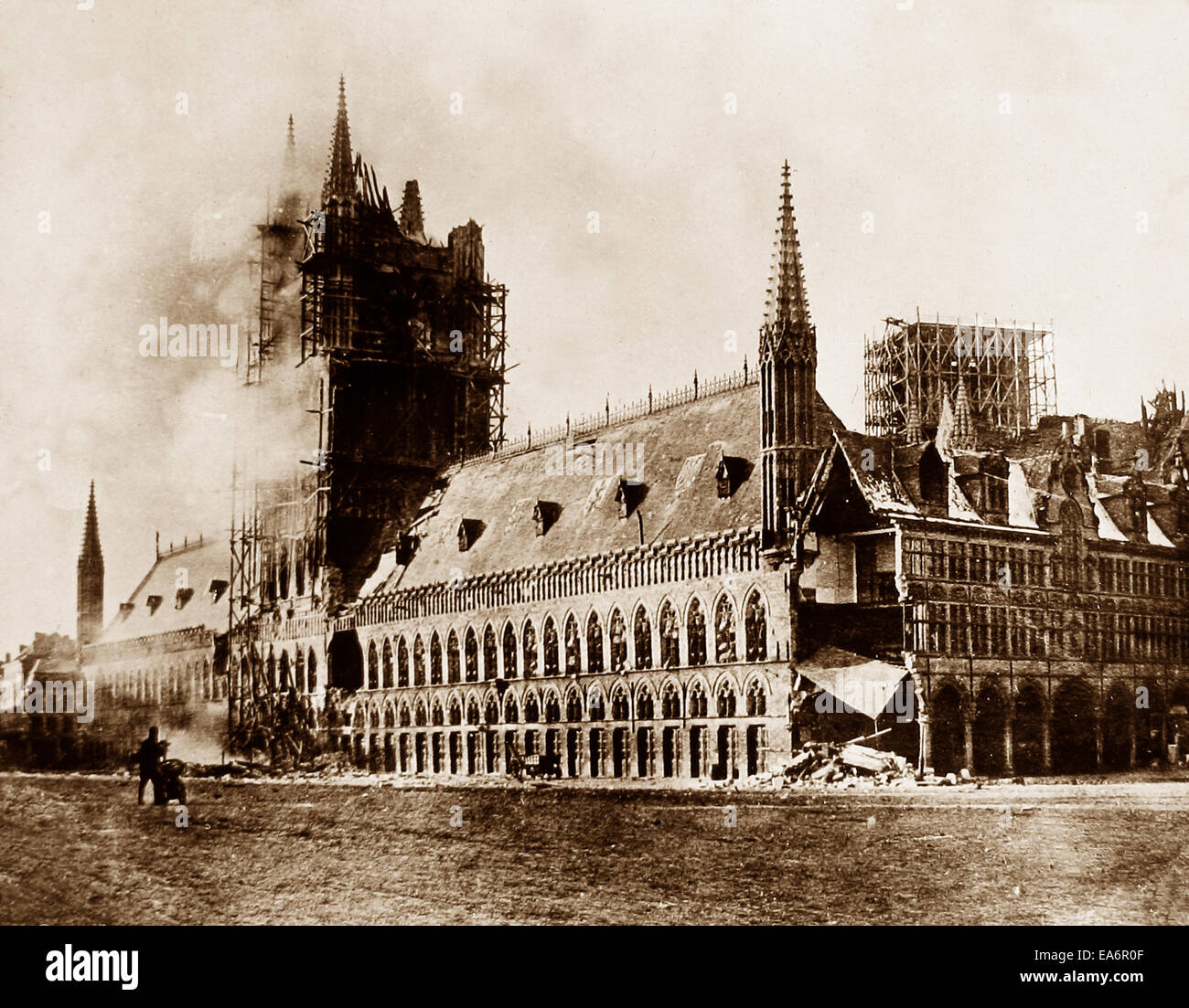 Ypres Belgium Cloth Hall on fire Stock Photo - Alamy