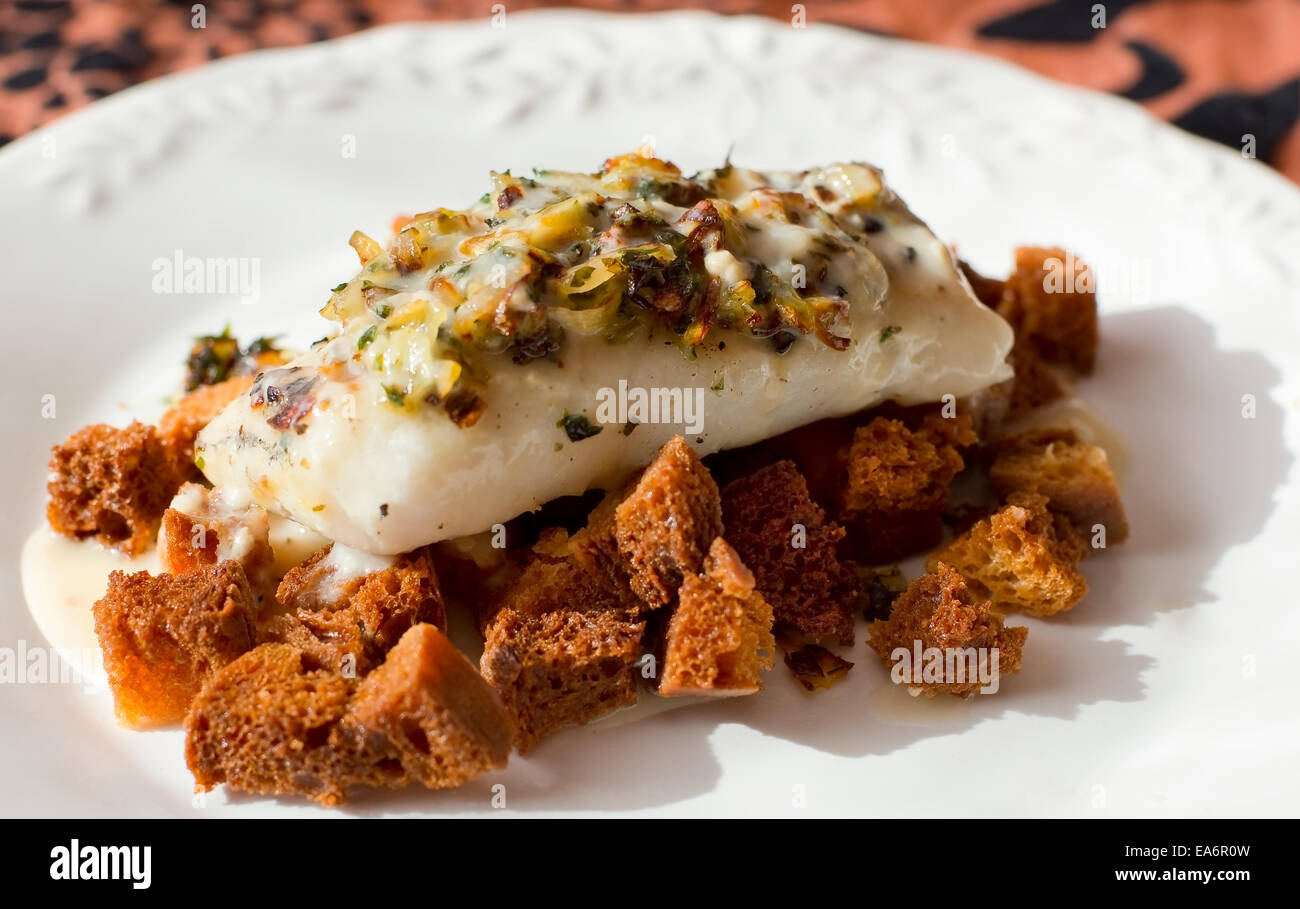 Grilled Hake with toast bread and picata. Typical mediterranean dish ...