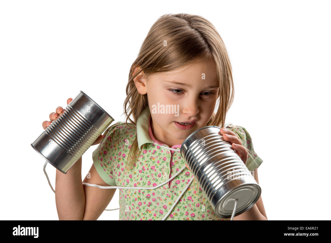 Girl Tangled Up In String From A Tin Can Phone Close up Portrait Isolated On White Stock Photo 