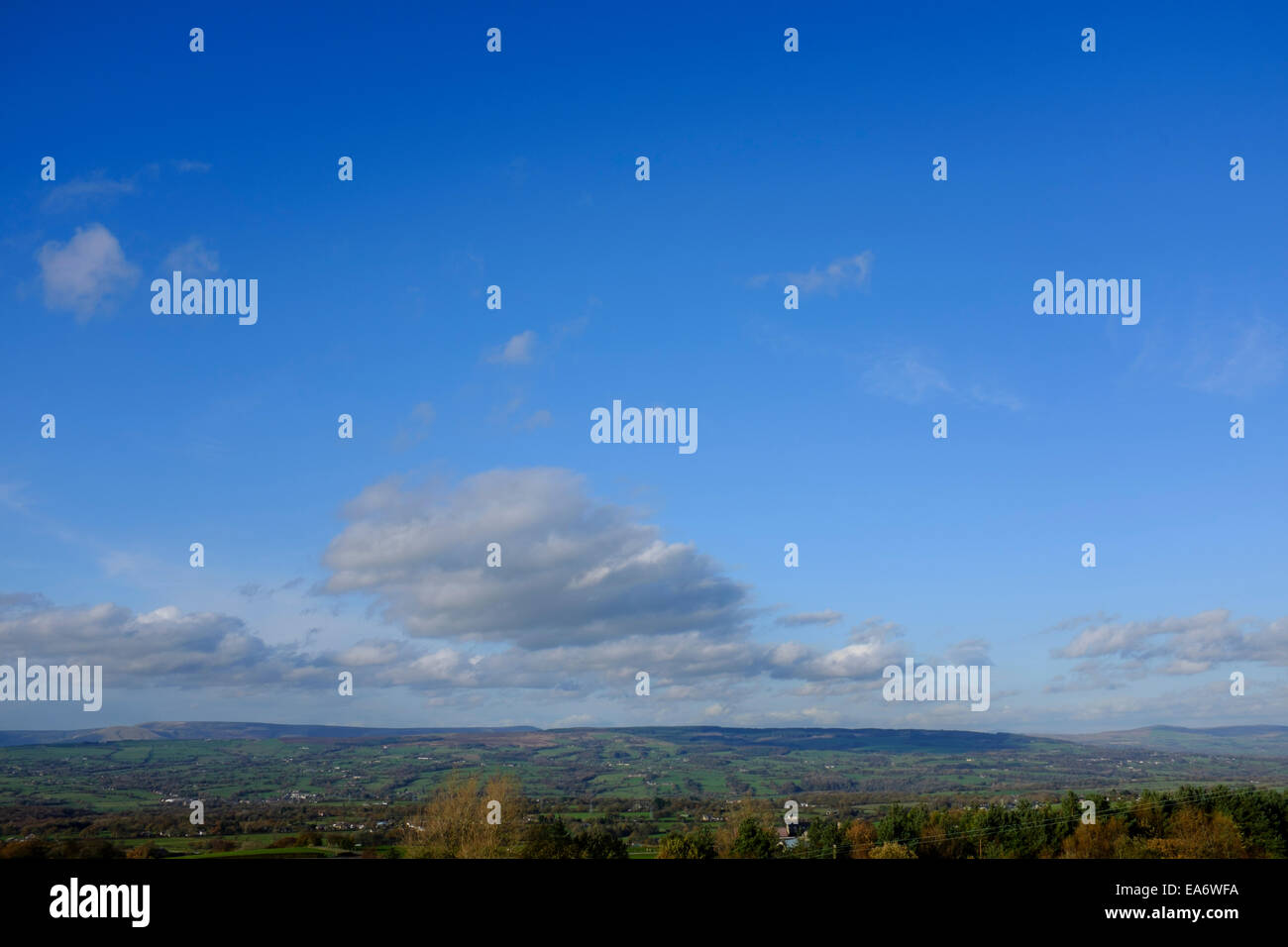 View of the Ribble Valley in Lancashire UK. With blue skies and rolling ...