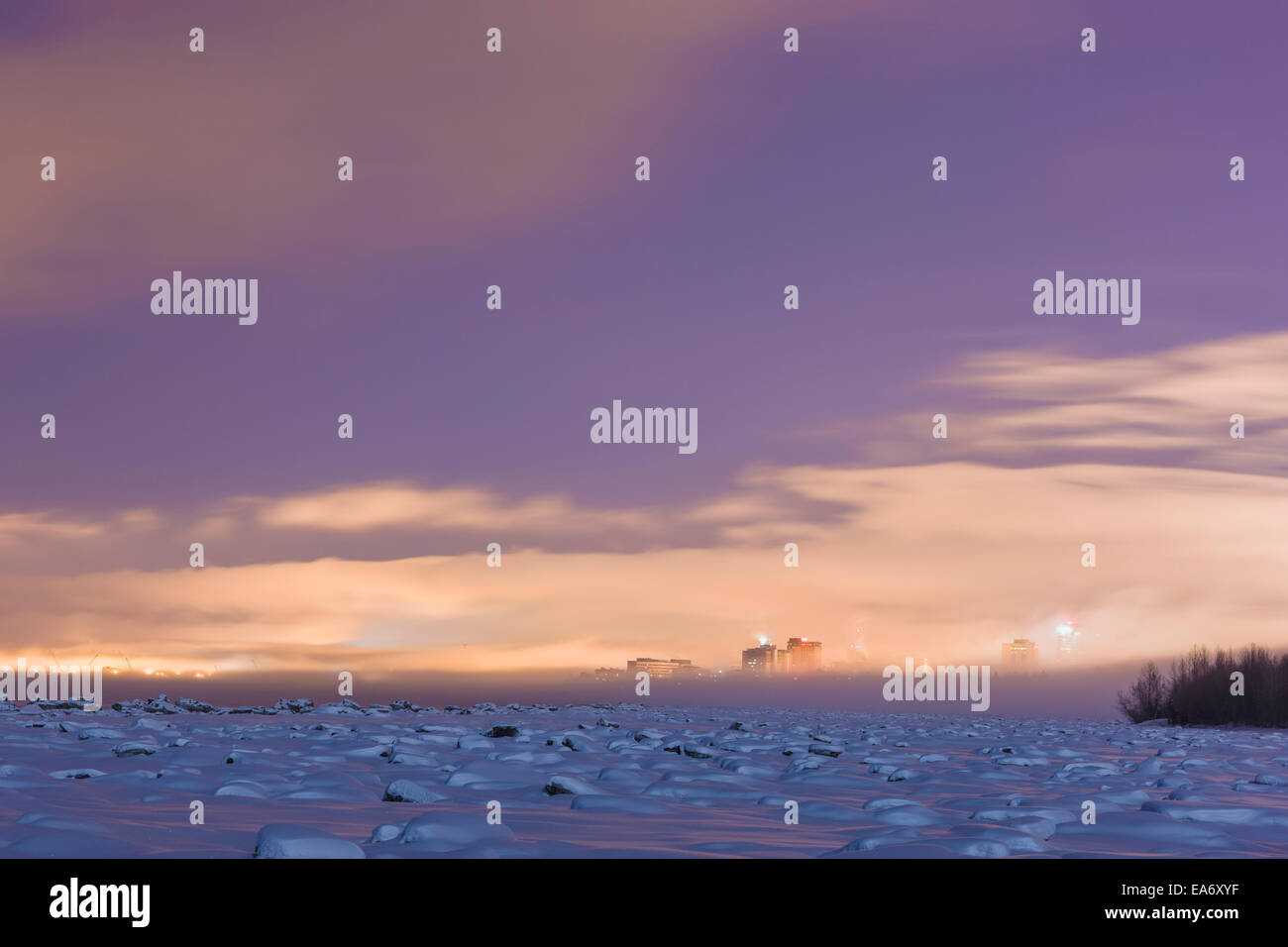 Scenic View Of Downtown Anchorage Through Fog At Sunrise, Southcentral ...